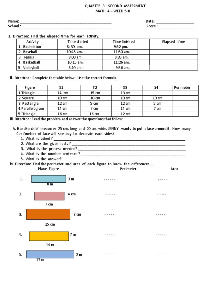 Second Assessment in Math 4 WK 5 8 3rd | PDF | Area | Geometric Shapes