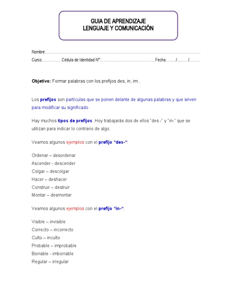 Guia 4° Prefijo Des, In, Im | PDF