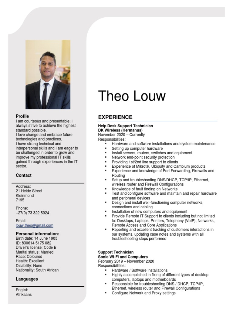 Curriculum Vitae of Theo Louw | PDF | Computer Network | Help Desk