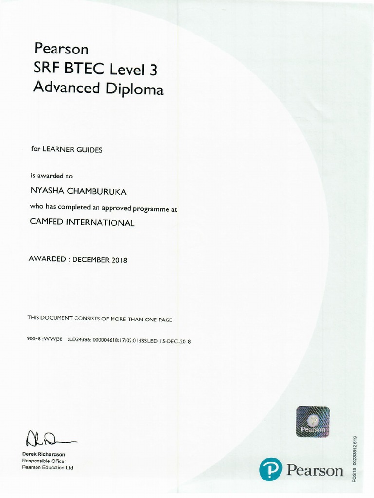 Nyasha Chamburuka BTEC Certificate | PDF