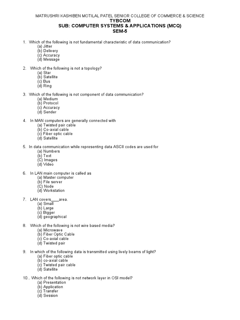 Tybcom Sem 5 Computer Systems And Applications Sample Mcqs Dec 2020 Pdf Transmission Medium 3458