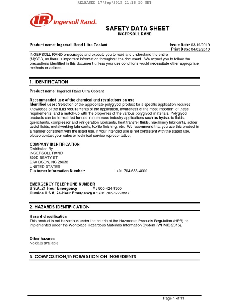 Safety Data Sheet for Ingersoll Rand Ultra Coolant | PDF | Firefighting ...