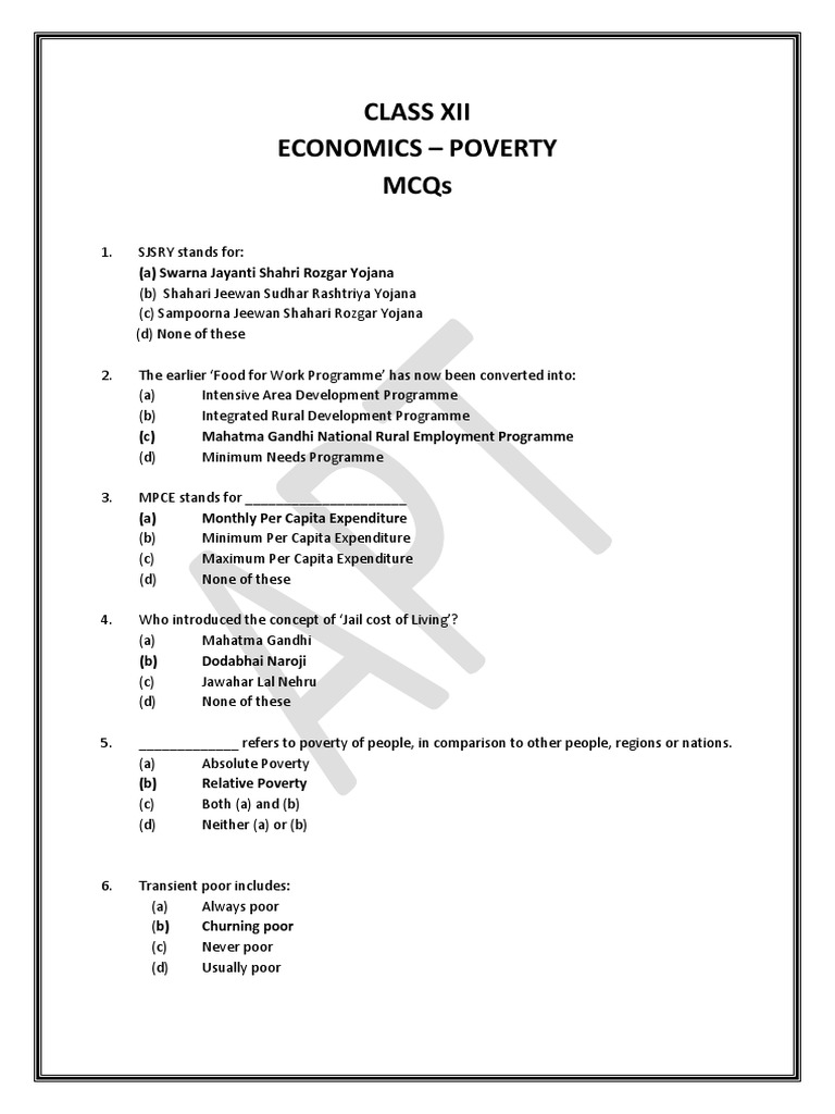 Class Xii Economics - Poverty MCQS: (A) Swarna Jayanti Shahri Rozgar ...