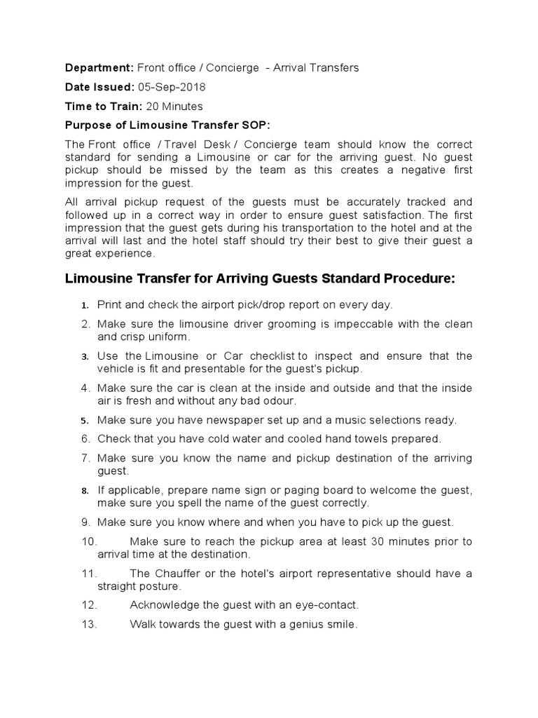 SOP - Concierge Travel Desk - Car or Limousine Transfer For Arriving ...