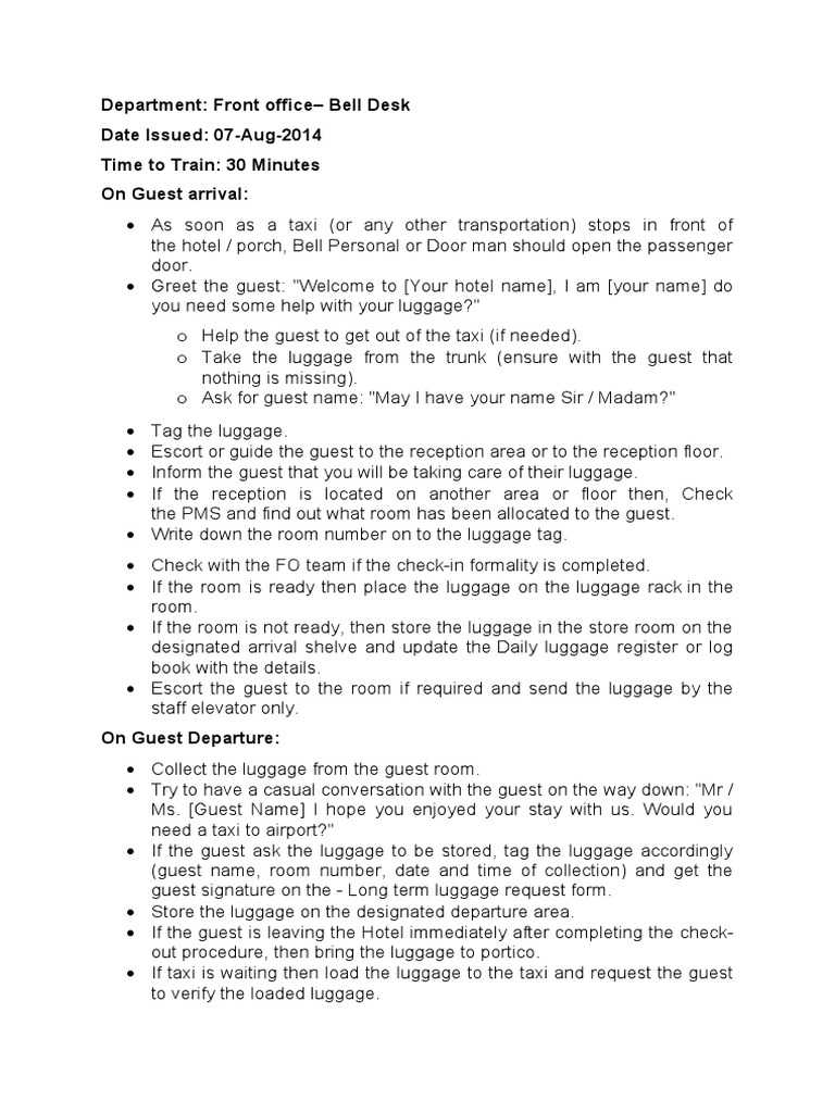 SOP - Concierge Bell Desk - Guest Luggage Handling Procedure | PDF ...