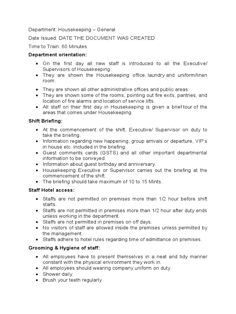 SOP - Housekeeping - Departmental Policy Setup | PDF