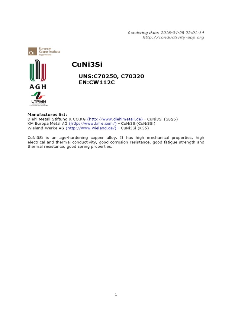 Cuni3Si: Uns:C70250, C70320 En:Cw112C | PDF | Strength Of Materials ...