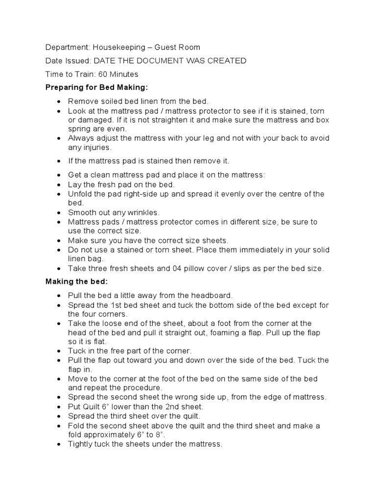 SOP - Housekeeping - Bed Making | PDF | Bedding | Bed