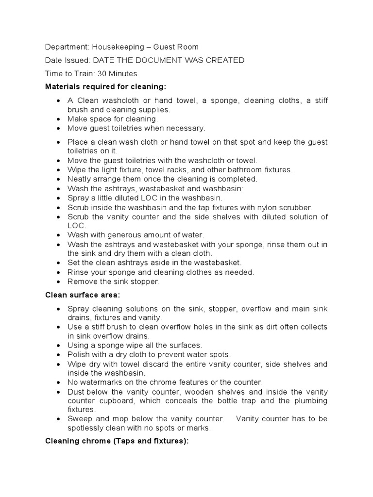 SOP - Housekeeping - Cleaning Sink and Vanity Area | PDF