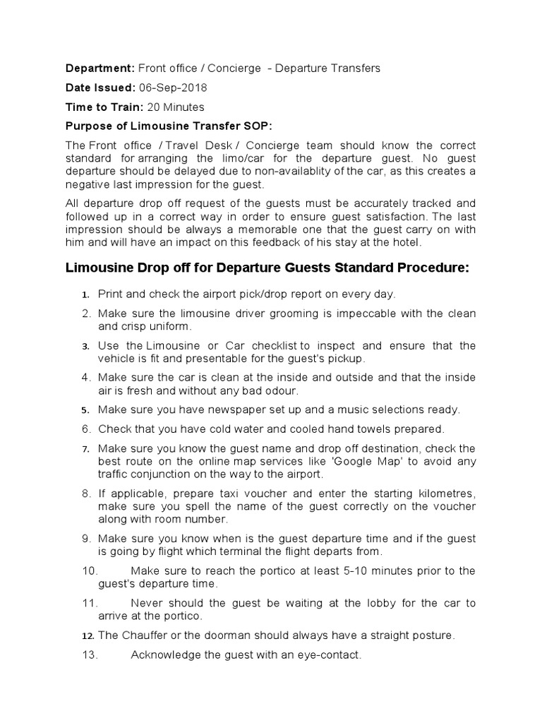 SOP - Concierge Travel Desk - Car or Limousine Transfer For Departure ...