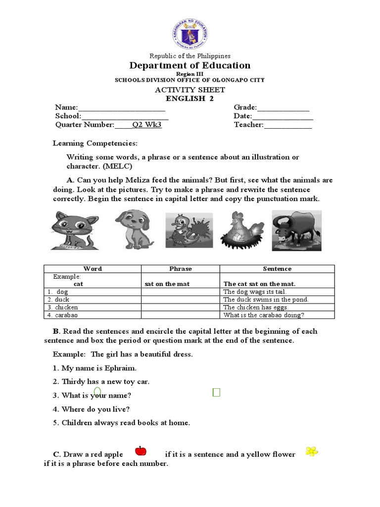 English 2 Activity Sheet for Kids | PDF