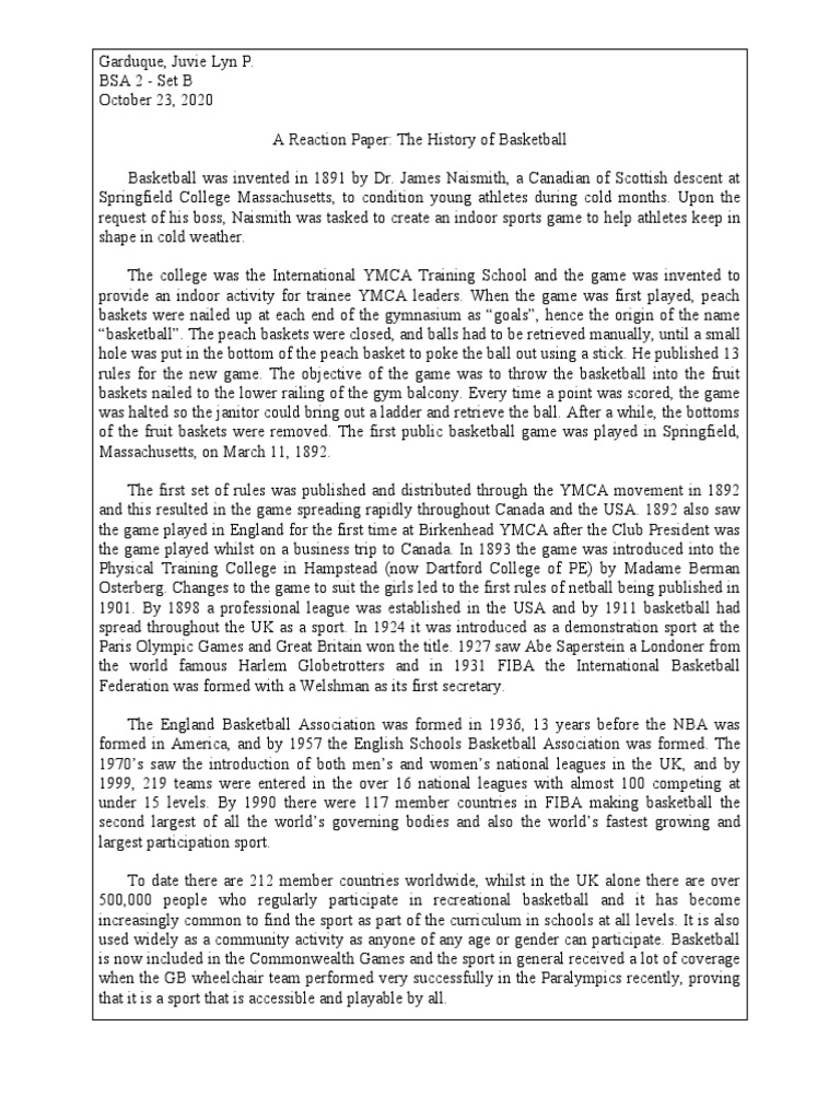 Activity 5 PE103 - REACTION PAPER HISTORY OF BASKETBALL - GARDUQUE JUVIE LYN P. BSA 2 SET B ...