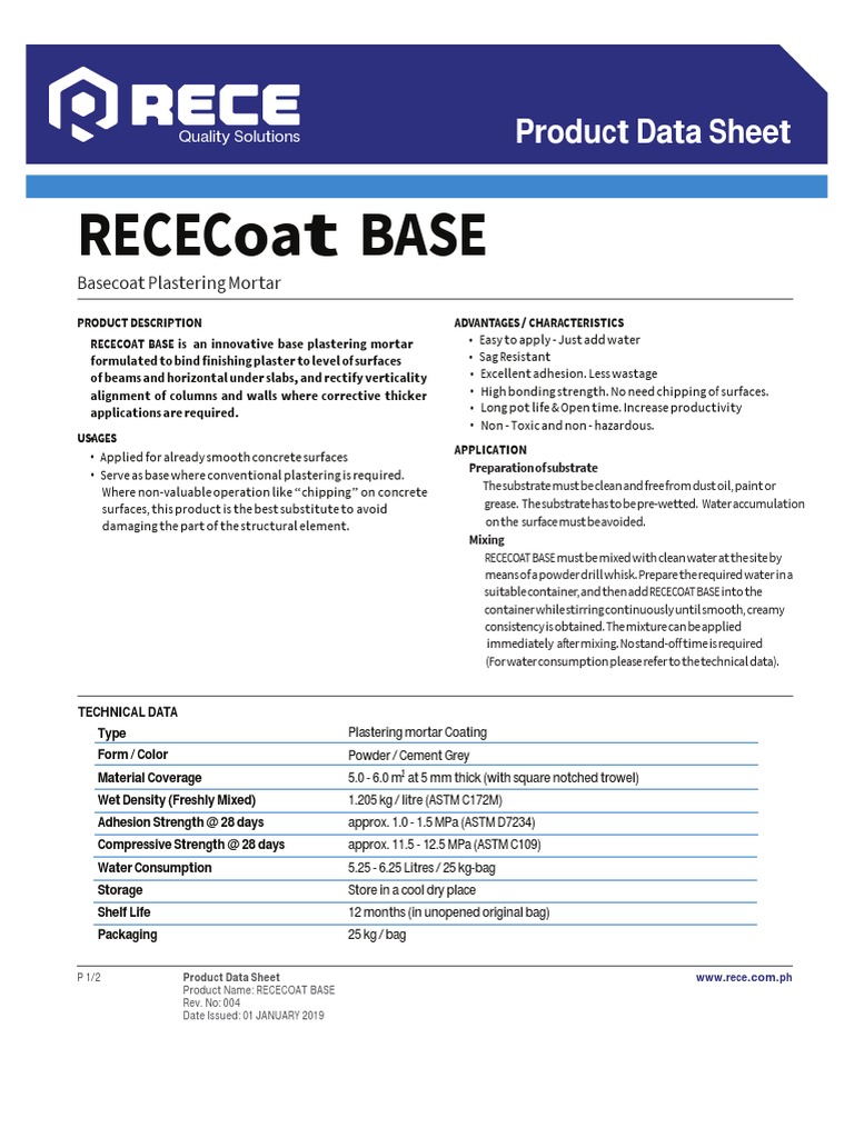 Rececoat Base: Product Data Sheet | PDF | Concrete | Plaster