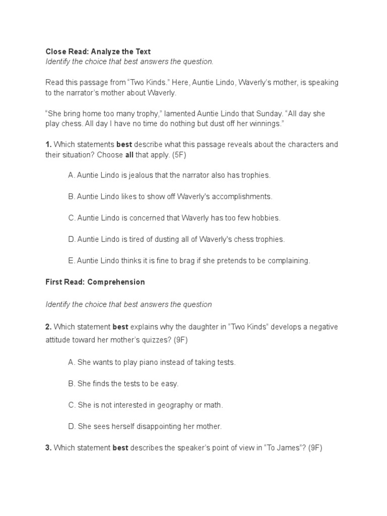 9F, 5F, 10bii Unit 1 Reading Assessment | PDF
