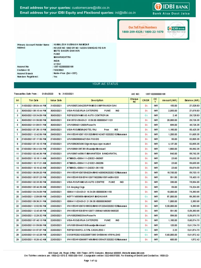 IDBI Current Account Statement | PDF | Economy Of India | Banks