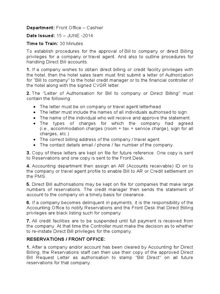 SOP - Front Office - Bill To Company or Direct Billing | PDF | Service ...