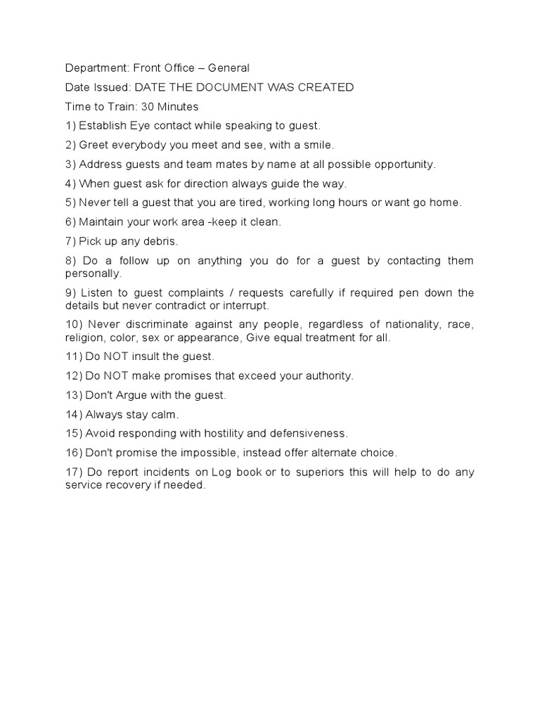 SOP - Front Office - Do's and Don'Ts | PDF