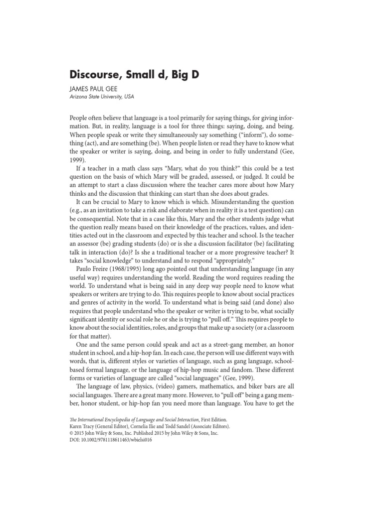 Discourse, Small D, Big D: James Paul Gee | PDF | Human Communication ...