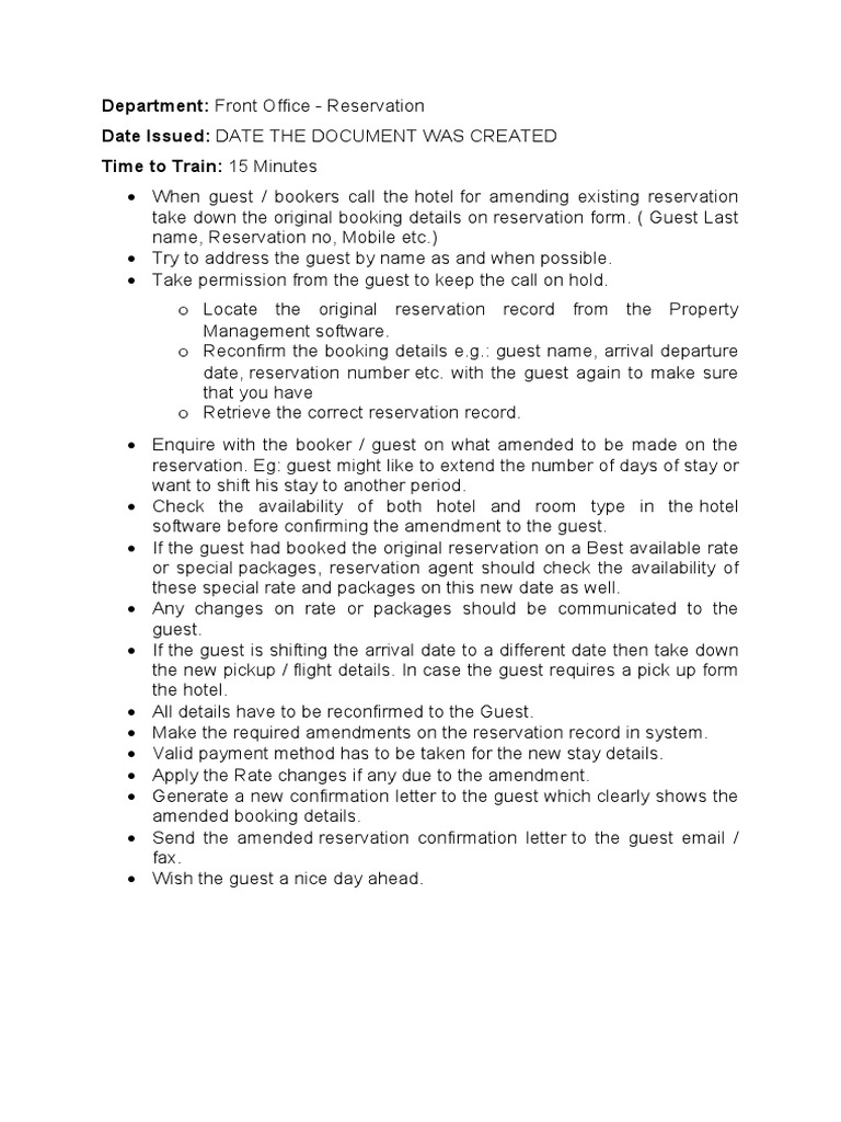 SOP - Reservations - Amending or Modifying Reservations | PDF