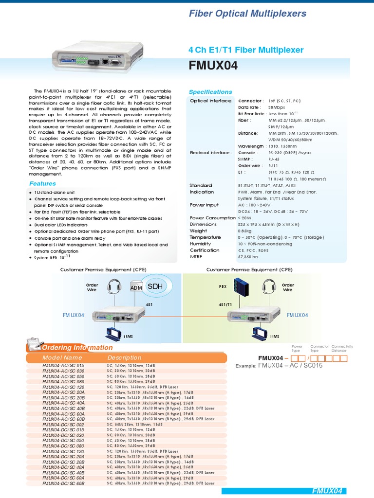 FMUX04: 4 CH E1/ T1 Fiber Multiplexer | PDF | Optical Fiber | Wavelength Division Multiplexing