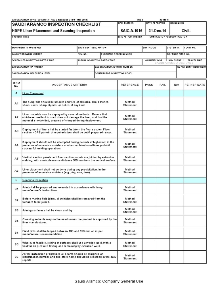 SAIC-A-1016 Rev 8 HDPE Liner Placement and Seaming Inspection Final | PDF