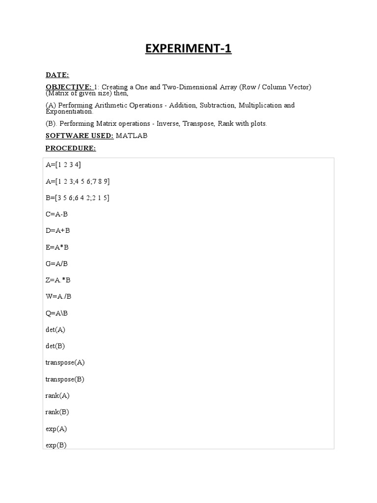 Experiment 1 Date Objective 1 Creating A One And Two Dimensional Array Row Column Vector