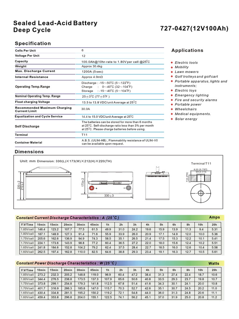 Deep Cycle Sealed Lead-Acid Battery Specification Sheet: 12V 100Ah ...