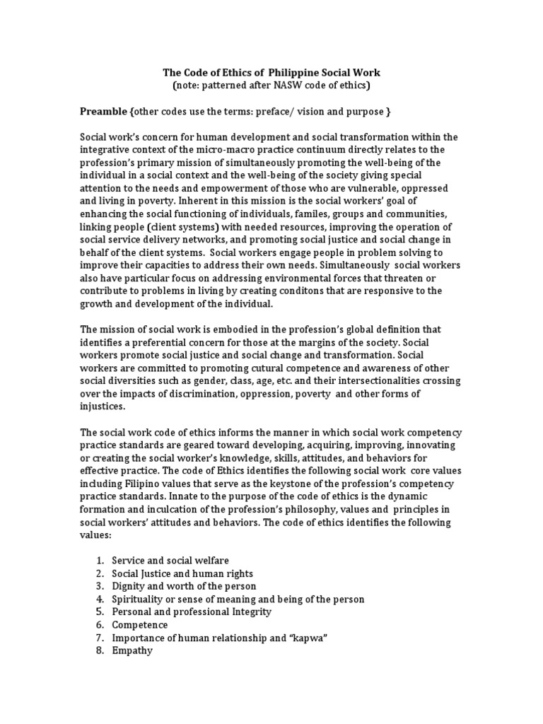 Philippine Social Work Code of Ethics | PDF | Social Work | Value (Ethics)