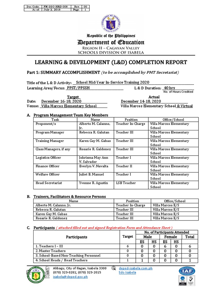 L&D Completion Report 2020 | PDF | Teachers | Communication
