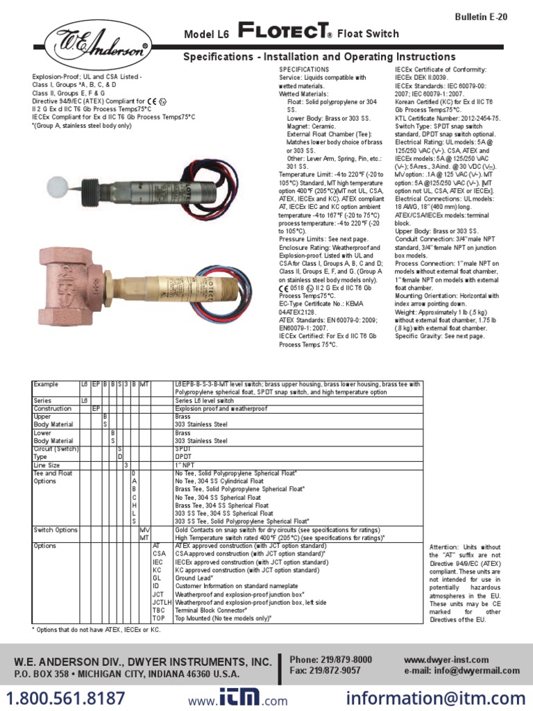 Dwyer - l6 - Series - Level - Switch - Manual - LEVEL TANK WATER ...