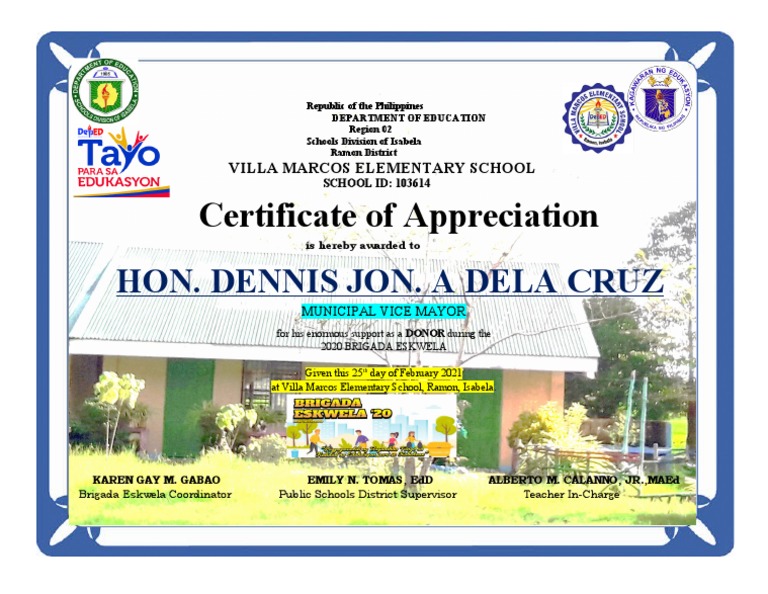 2019 BRIGADA ESKWELA Sample Certificate For DONOR | PDF
