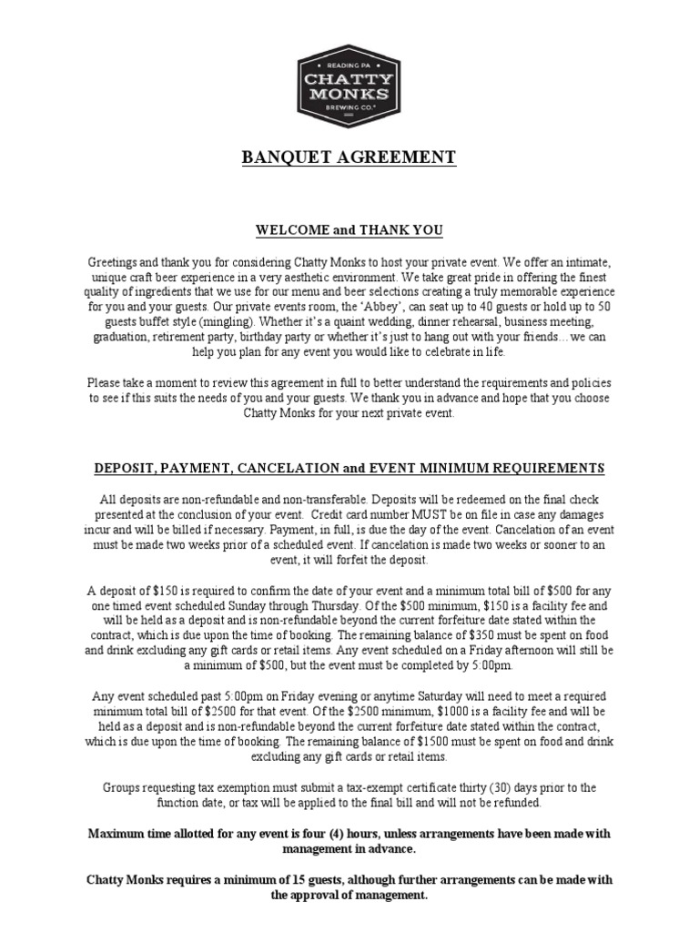 Banquet Agreement: Welcome and Thank You | PDF | Gratuity | Drink