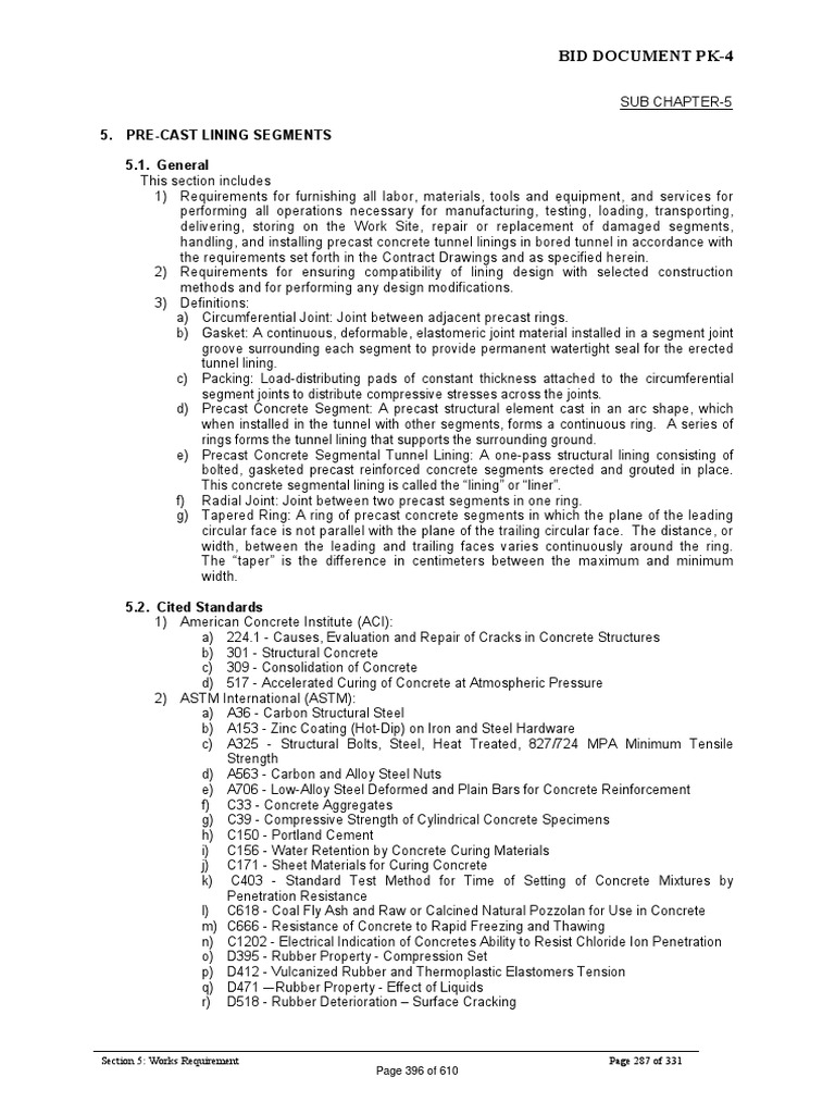 Specs Pre-Cast Segment Linings | PDF | Concrete | Precast Concrete