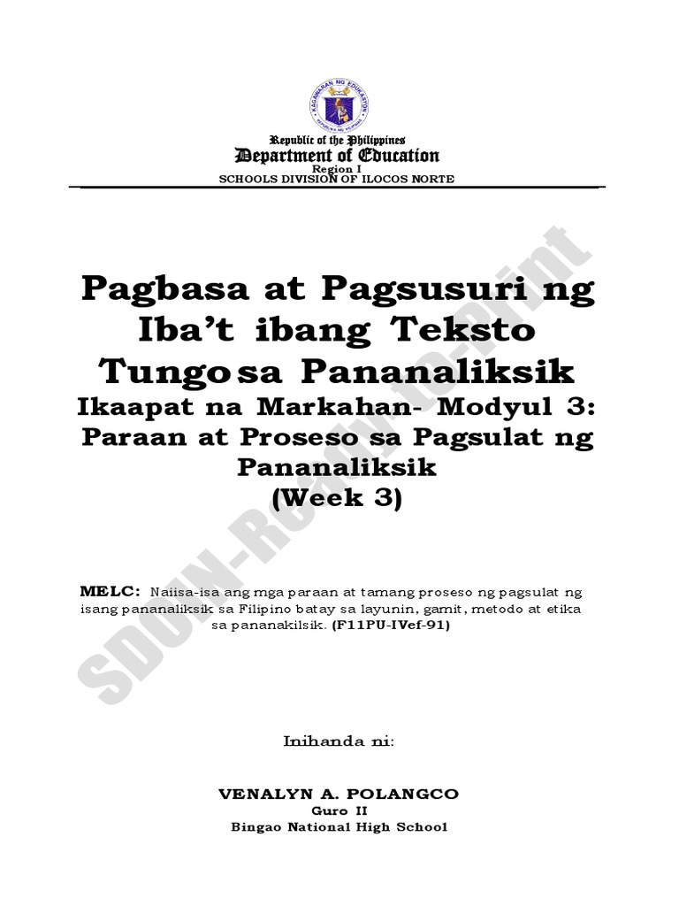 Pagbasa at Pagsusuri Filipino 11 Q4 MELC3 Modyul 3 Venalyn Polangco ...