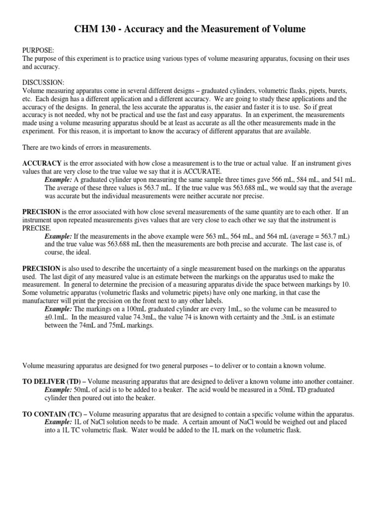 Lab 3 CHM130LL Accuracy and Measurement of Volume | PDF | Accuracy And ...