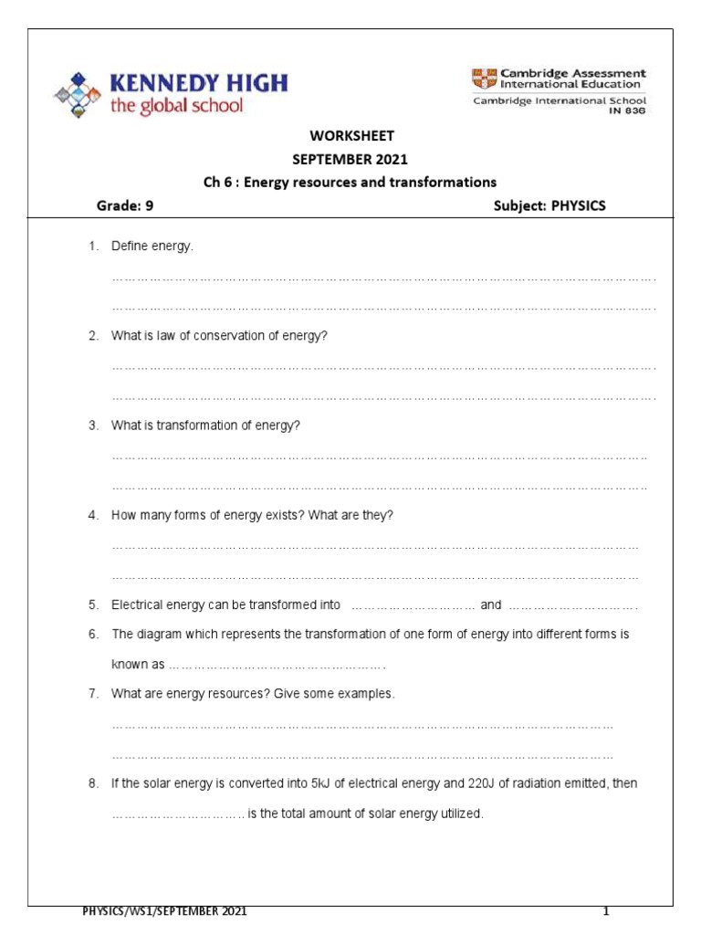 Grade 9 Energy Resources Worksheet | PDF