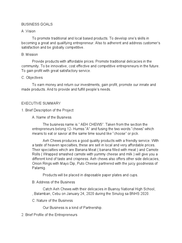 Business Goals | PDF | Batter (Cooking) | Foods