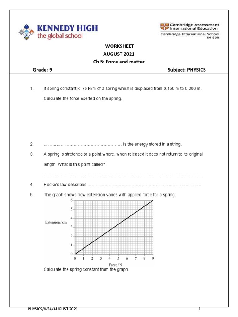 Worksheet AUGUST 2021 CH 5: Force and Matter Grade: 9 Subject: Physics ...