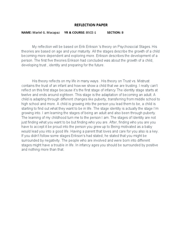 Reflection Paper of Erikson | PDF