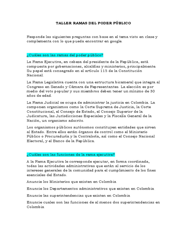 Taller Ramas Del Poder Público | PDF | Separación de poderes | Ley Pública