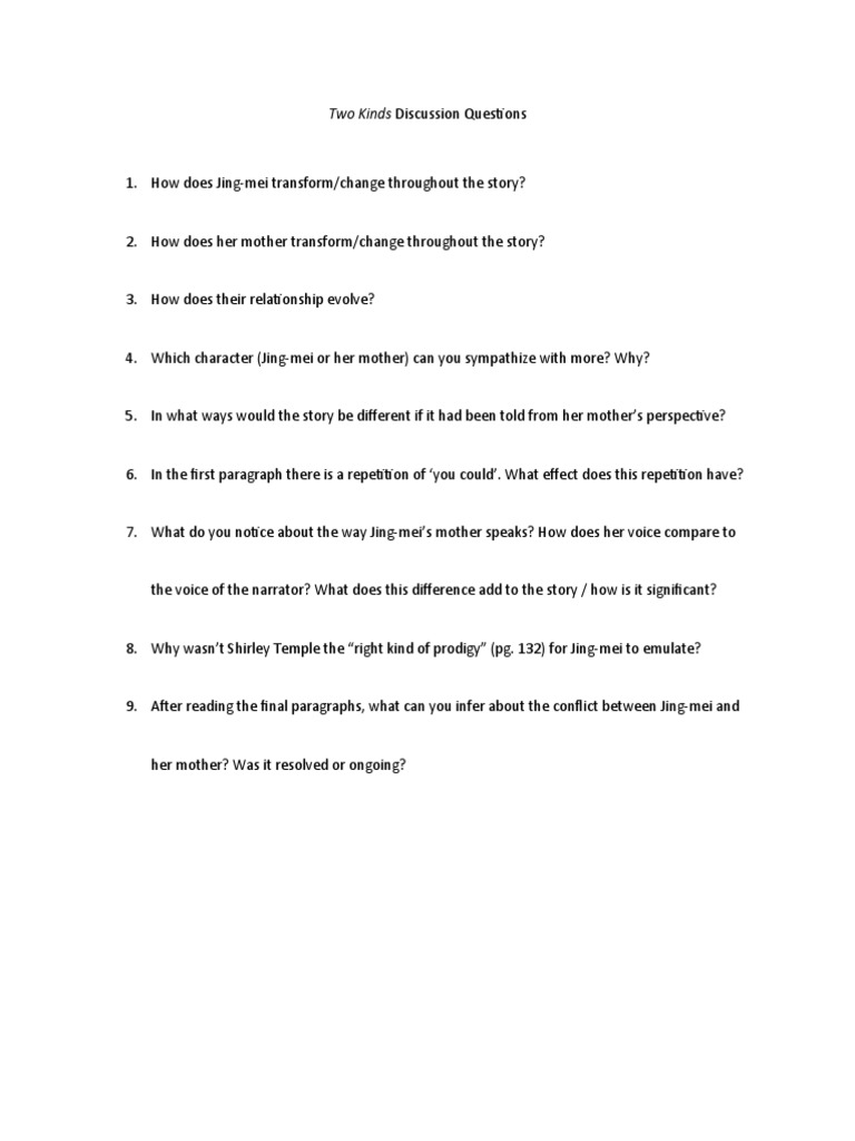 Two Kinds by Amy Tan Discussion Questions | PDF