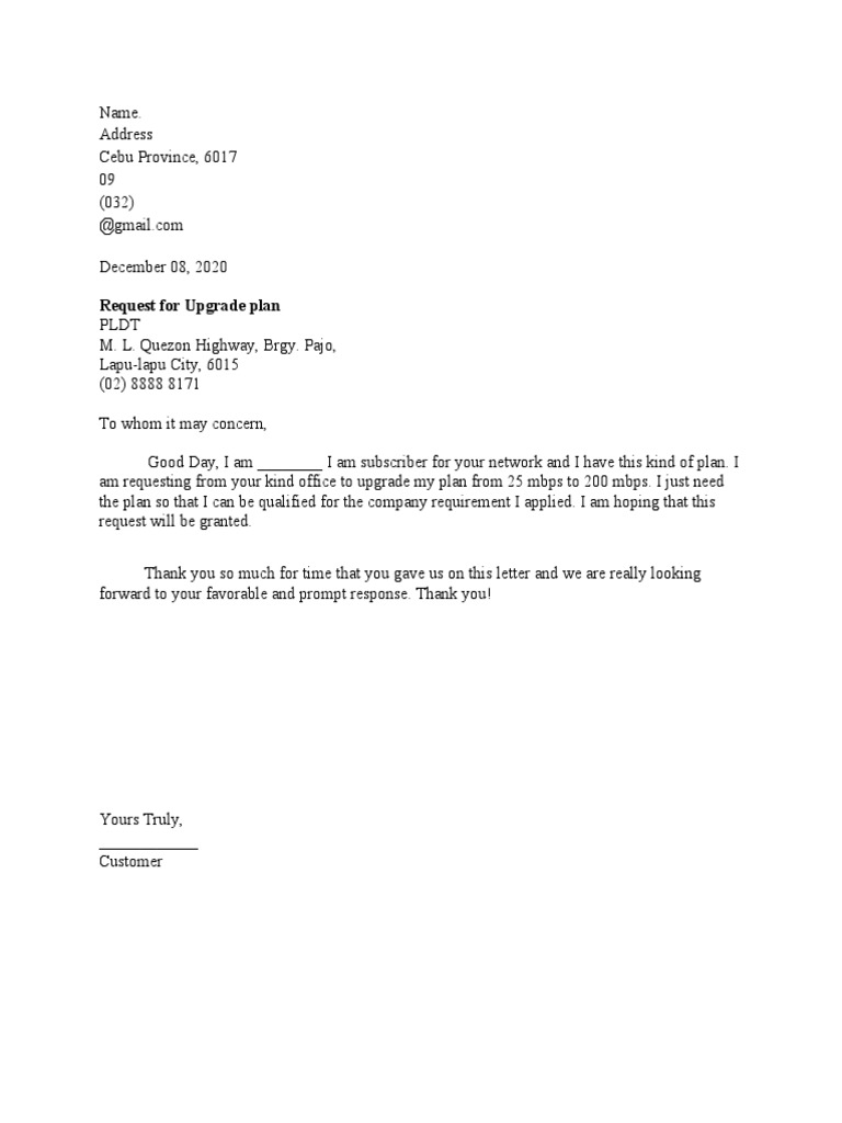 PLDT Req. Letter For Upgrade Plan | PDF