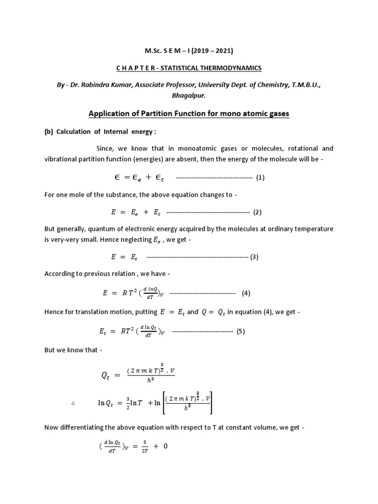 Application Of Partition Function B Pdf Temperature Molecules