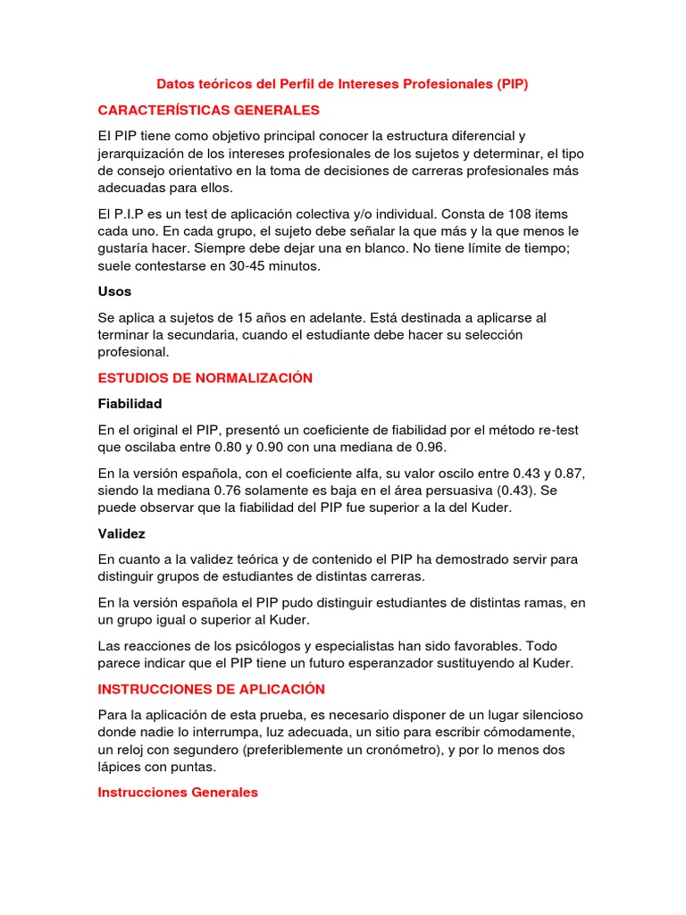Datos Teóricos Del PIP y Análisis Comparativo de Este Test Con El TEI ...