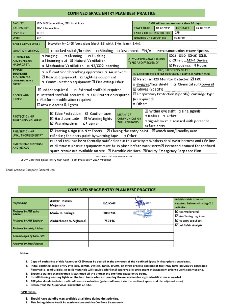 Confined Space Entry Plan Best Practice Form (For QJ-1R Lateral Line-JTF) Upto-07.08.2021 ...