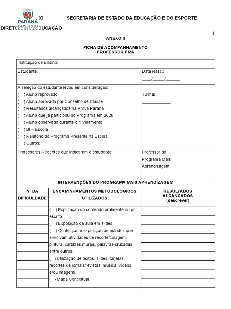 Ficha Acomp PMA | PDF | Aprendizado | Ensino