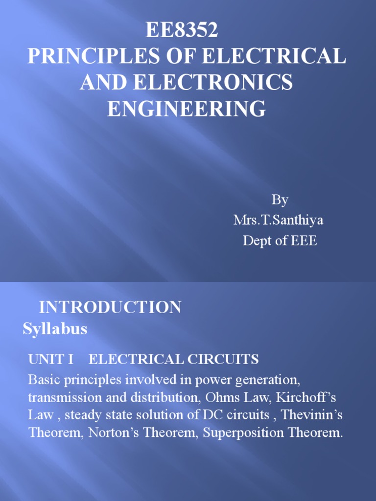 EE8352 Principles of Electrical and Electronics Engineering: by Mrs.T ...