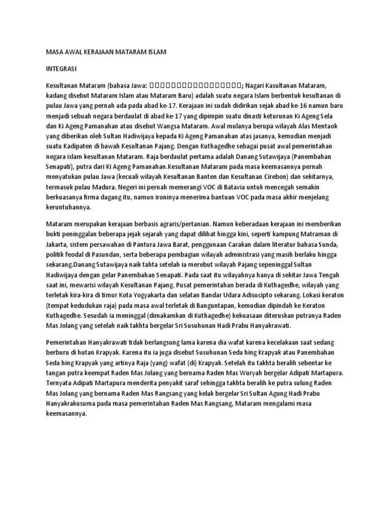Kerajaan Mataram Islam - Integrasi Dan Disintegrasi | PDF