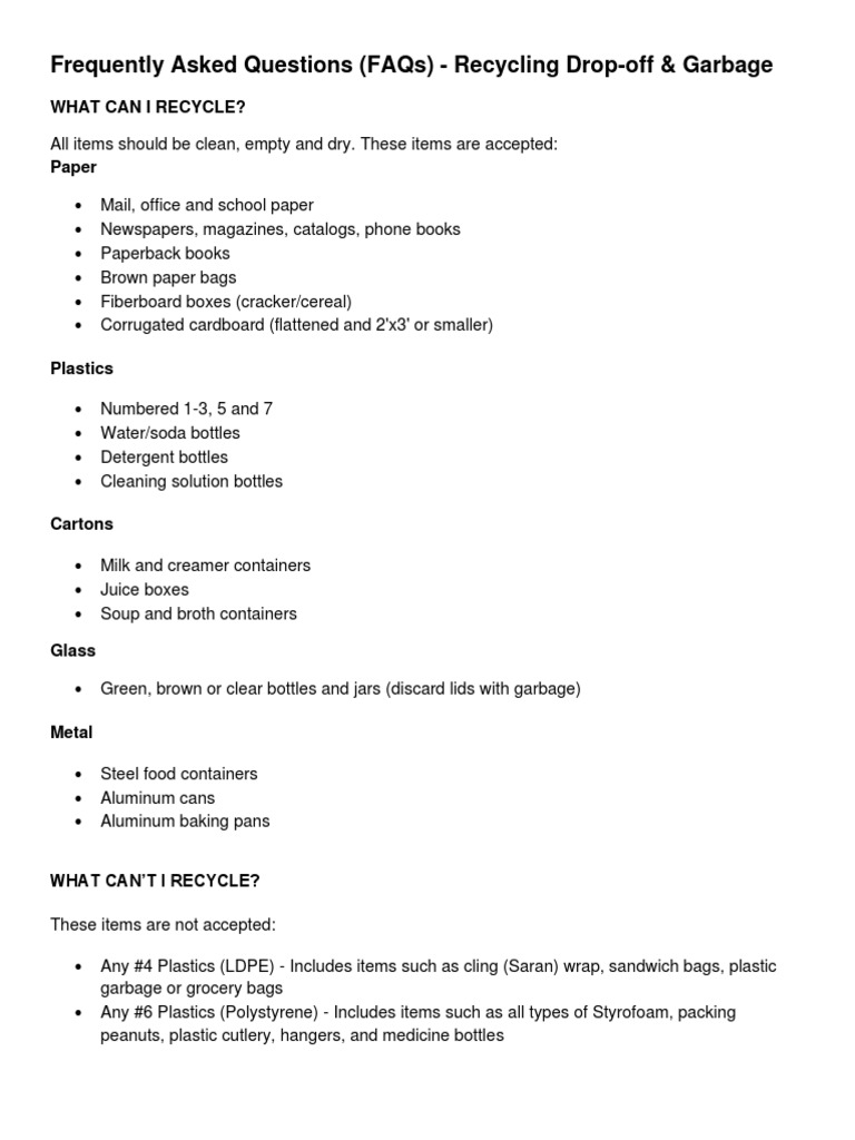 Frequently Asked Questions (FAQs) - Recycling Drop-Off & Garbage | PDF ...
