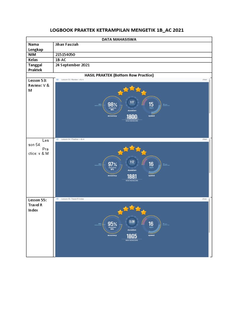 Logbook Praktek Ketrampilan Mengetik 1B AC 2021 Bottom Row Practice | PDF